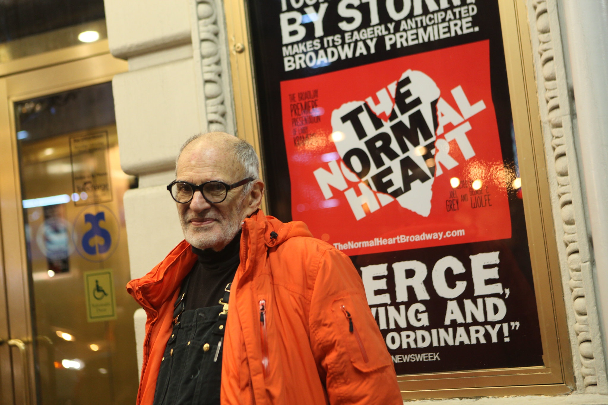 Larry Kramer in front of The Normal Heart marquee – New York Theater